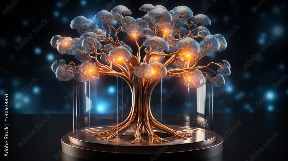 Abstract neon background, mystical space art with tree in light of pink ...