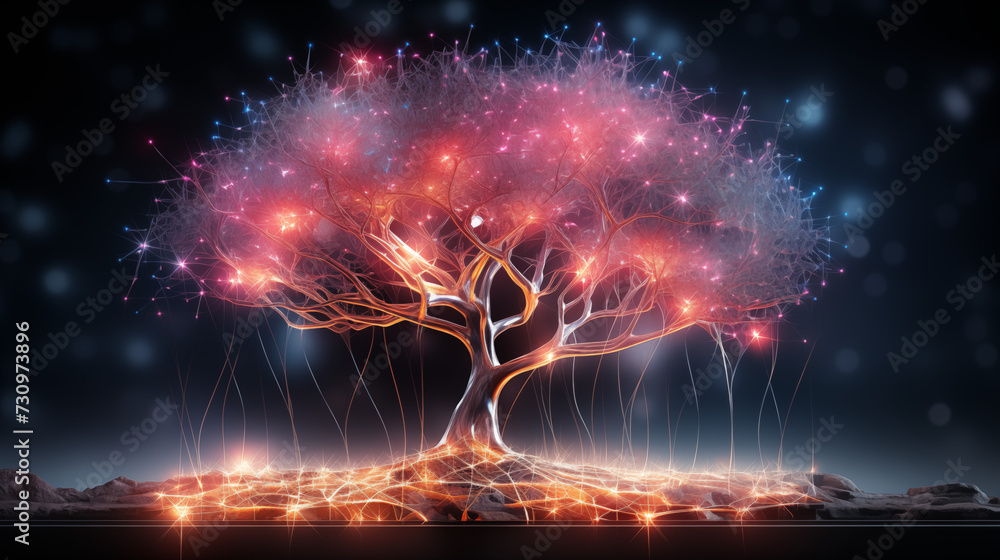 Abstract neon background, mystical space art with tree in light of pink ...