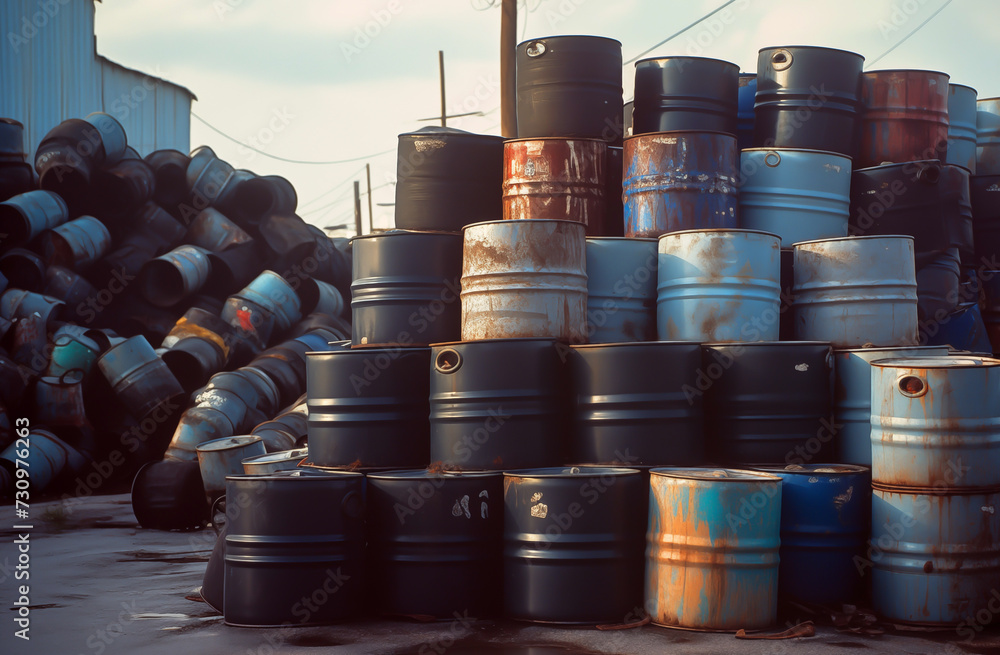 Oil drums dump. Pile of oil drums in landfill. Mound of oil drums near ...