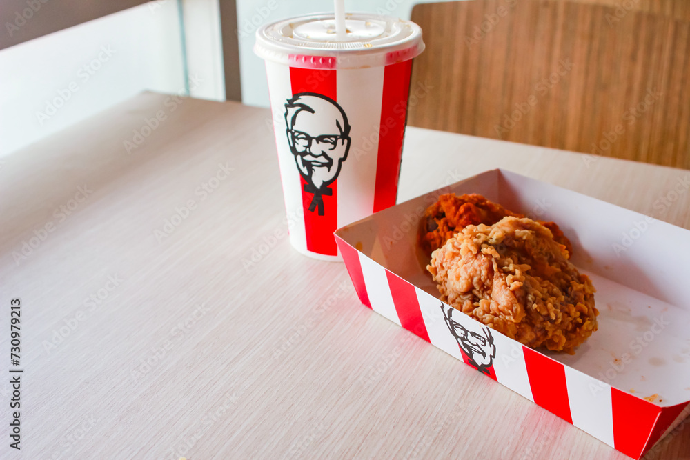 Bangkok, Thailand - January 07 2024 - Two pieces of KFC fried chicken ...