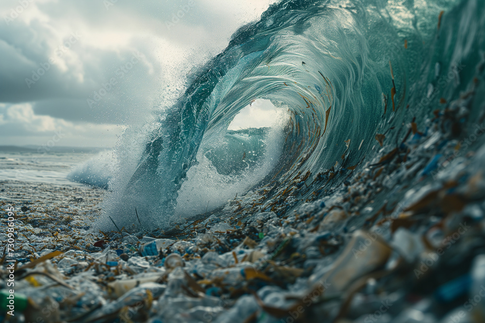 Foto de A towering wave curls over a beach littered with plastic debris ...