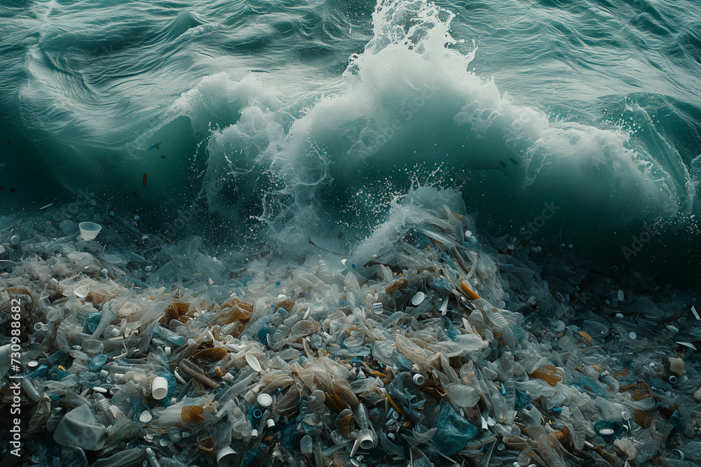 A forceful ocean wave crashes onto a sea of plastic waste, casting a ...