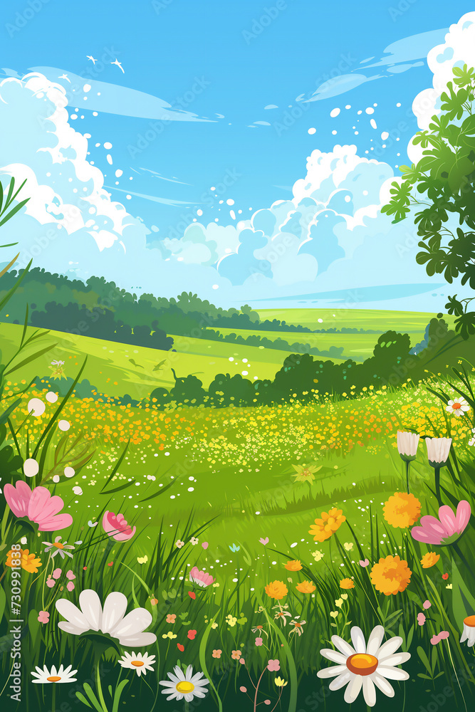 Cartoon meadow spring country meadow landscape background of a ...
