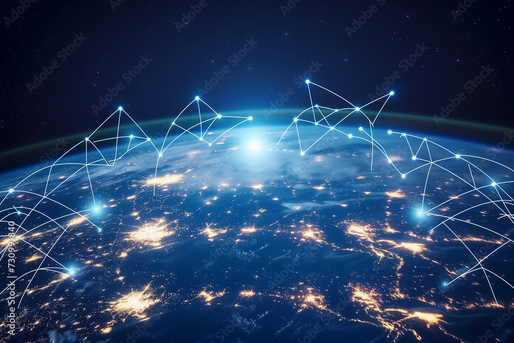 Global satellite communication showing big data being transmitted ...