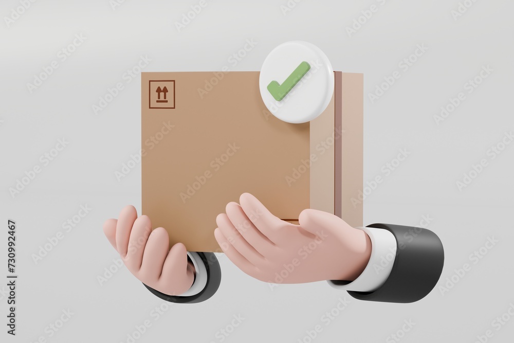 3d hand hold cardboard box or delivery box with check, correct mark ...