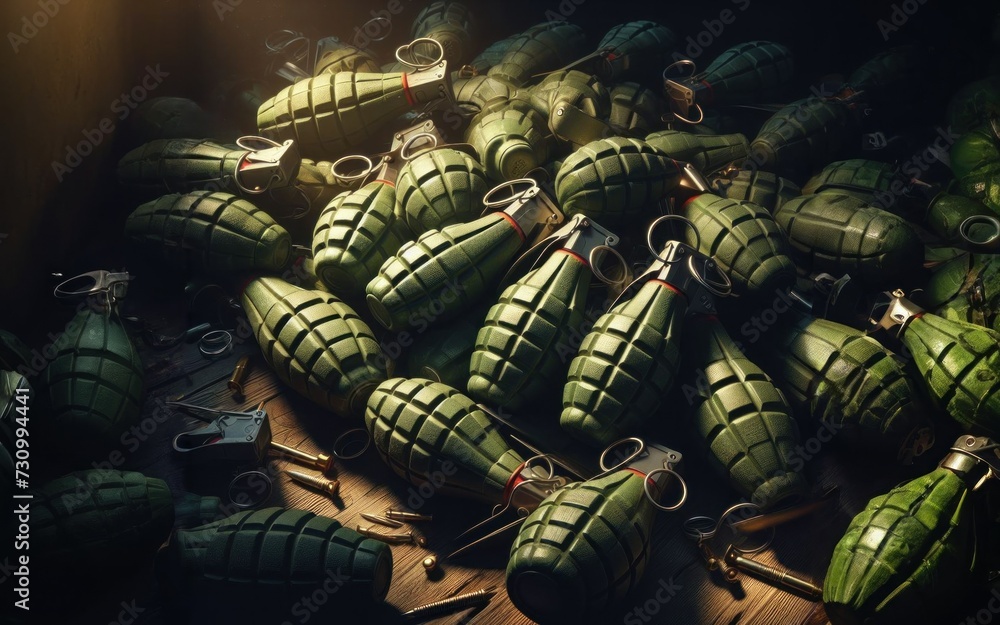 Hand-held fragmentation grenades are stacked in a row during military ...