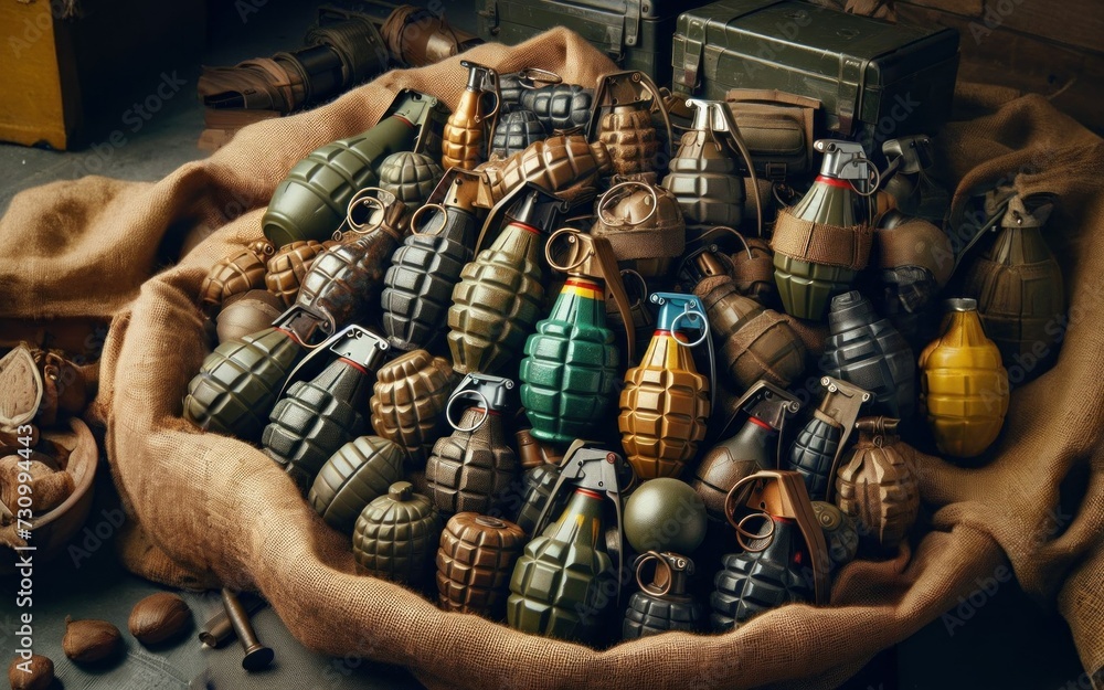 Hand-held fragmentation grenades are stacked in a row during military ...