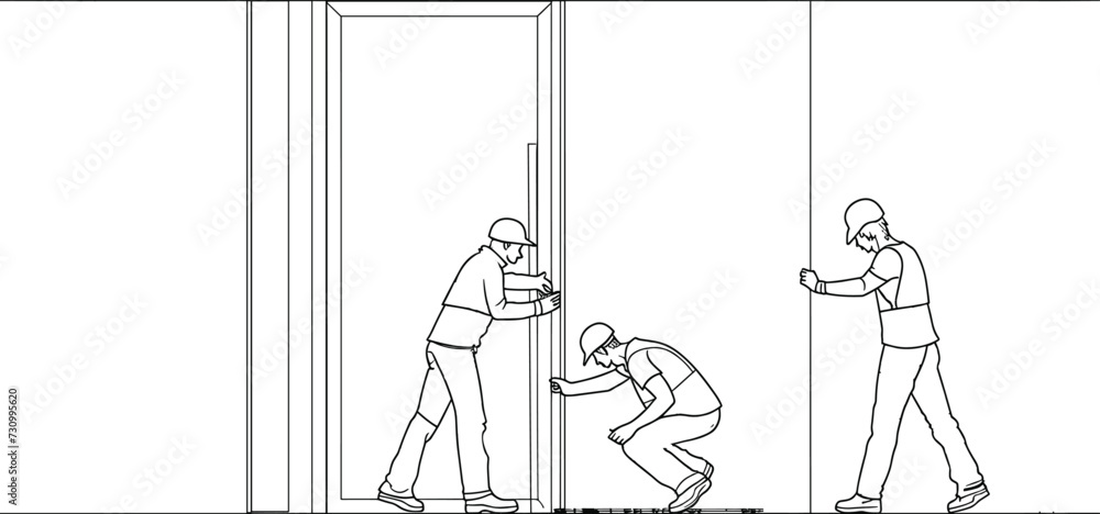 Single-line drawing depicting workers sealing a window frame in a newly ...