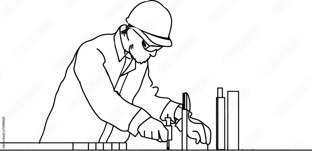 Vecteur Stock Single line drawing portrays a technician assessing ...