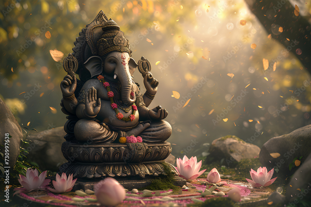 Statue of god Ganesh on nature background with lotus flowers. Hinduism ...