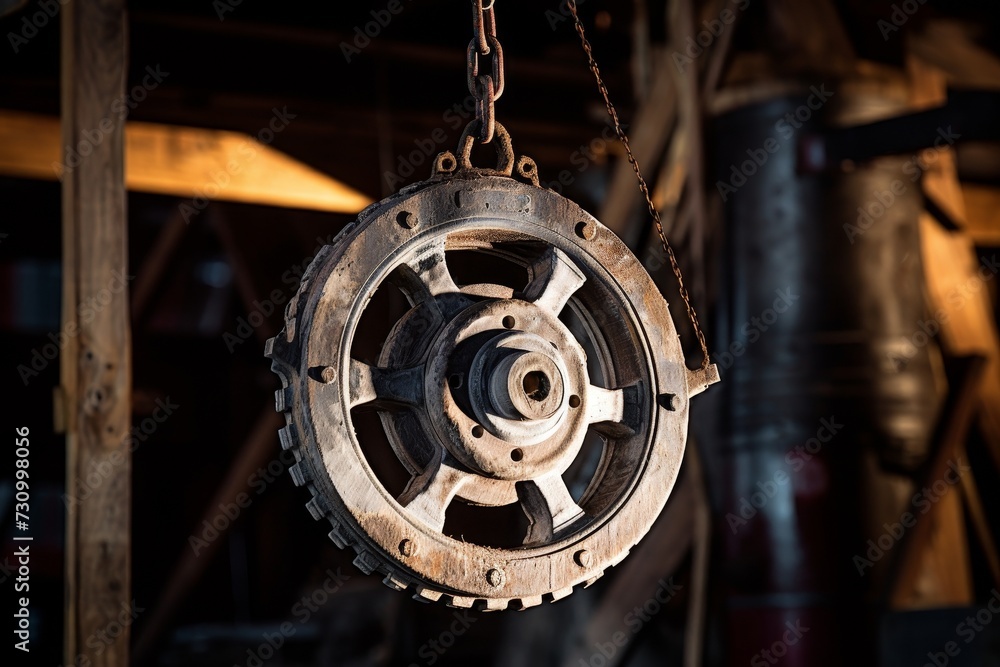 A Detailed Close-Up of a Rustic Pulley Wheel, Suspended from a ...