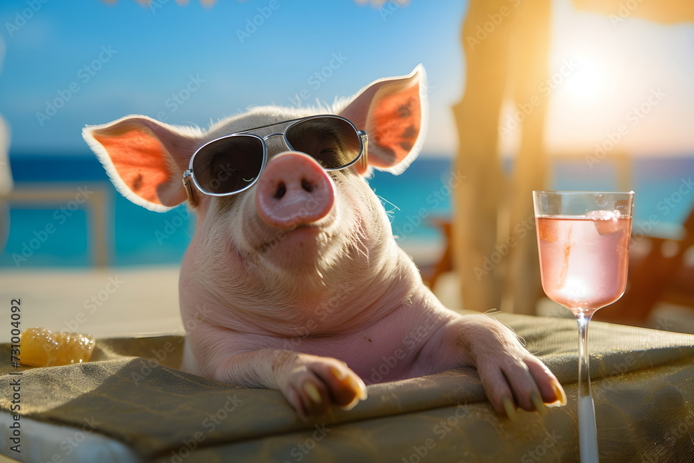 pig lying on sun bed and drinking a cocktail in summer sunny sea beach ...