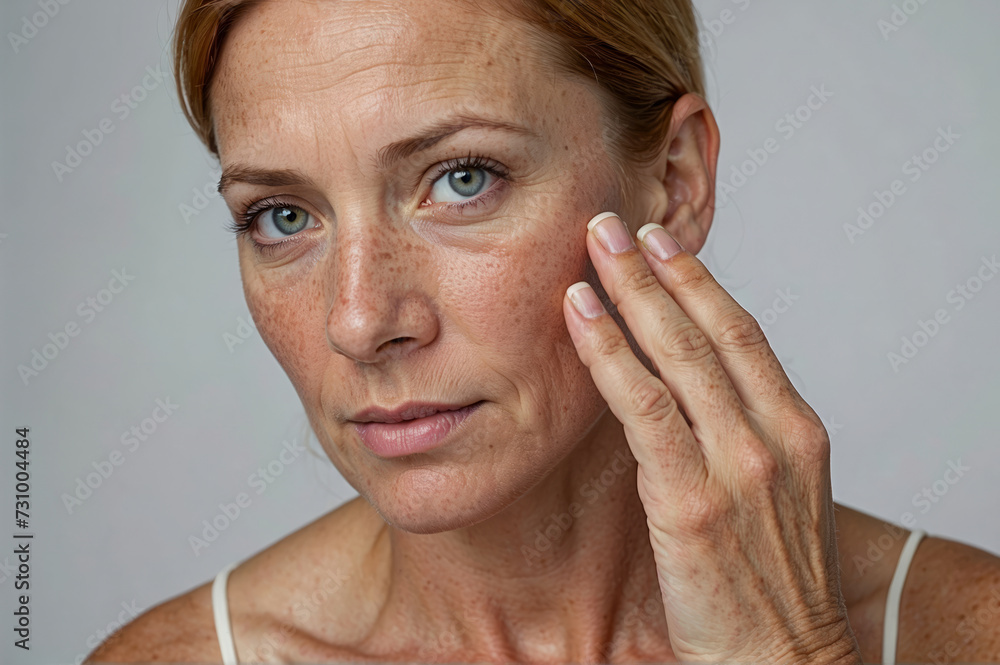 Portrait of cropped caucasian middle aged woman face with freckles ...