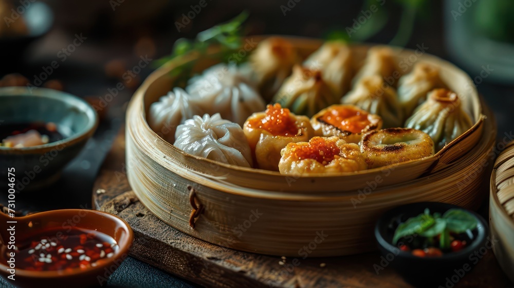 Dynamic composition featuring miniature dim sum, with tiny dumplings ...