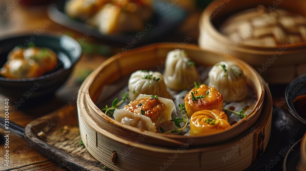 Dynamic composition featuring miniature dim sum, with tiny dumplings ...