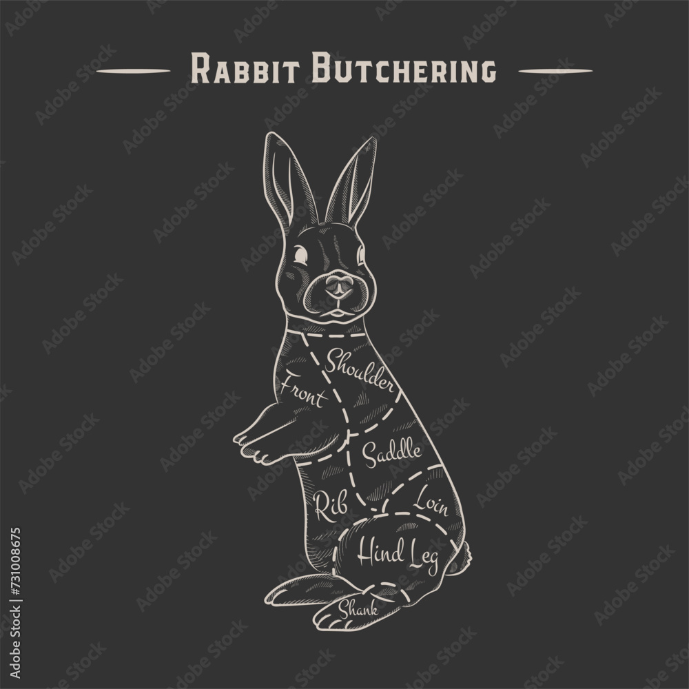 Butcher poster diagram, schematic - Rabbit. Vintage typographic hand ...