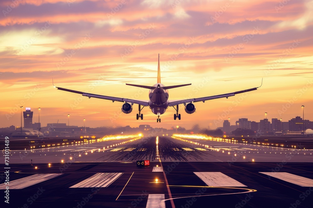 Airplane taking off from the airport terminal, the plane is taking off ...