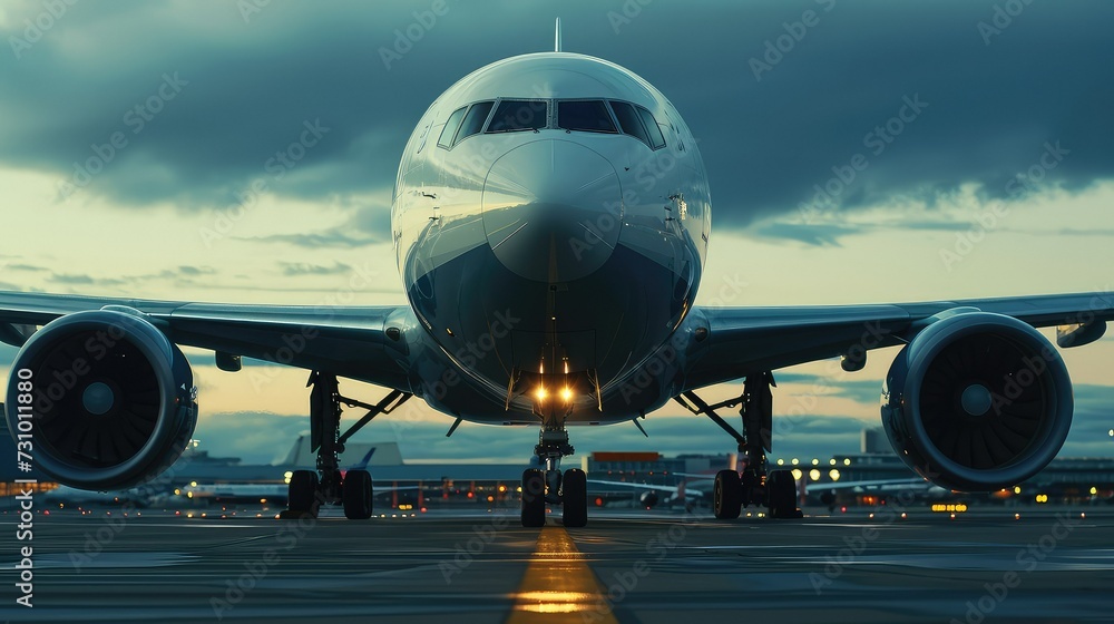 Passenger plane front shot, scene above the ground, front angle photo ...