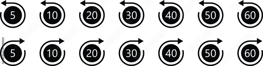 10 to 60 seconds rewind and fast forward icon, symbol. Audio or video ...