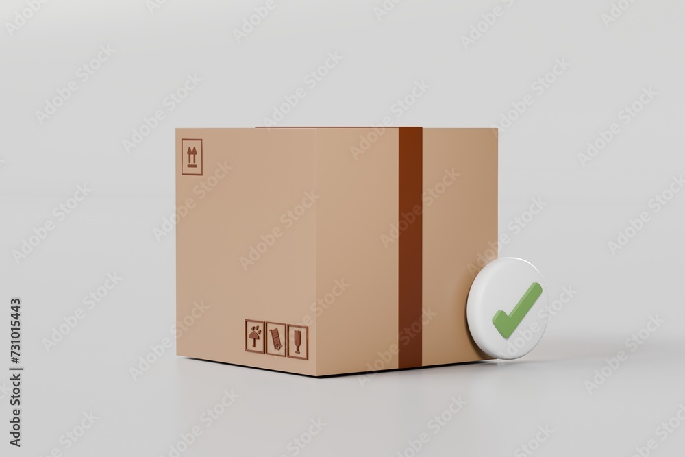 3d minimal cardboard box or delivery box with checklist, correct mark ...