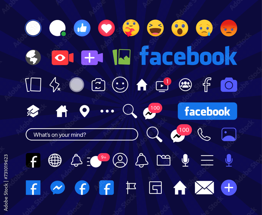 Facebook button icon. Set screen social media and social network ...