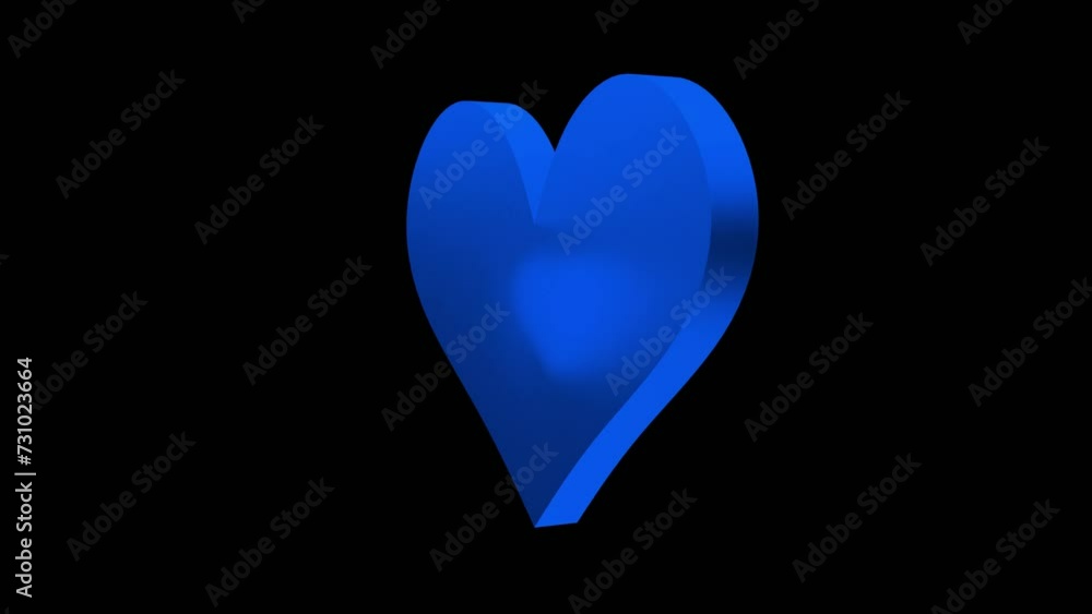 3D animation of blue heart on black background. Looped heart rotation ...