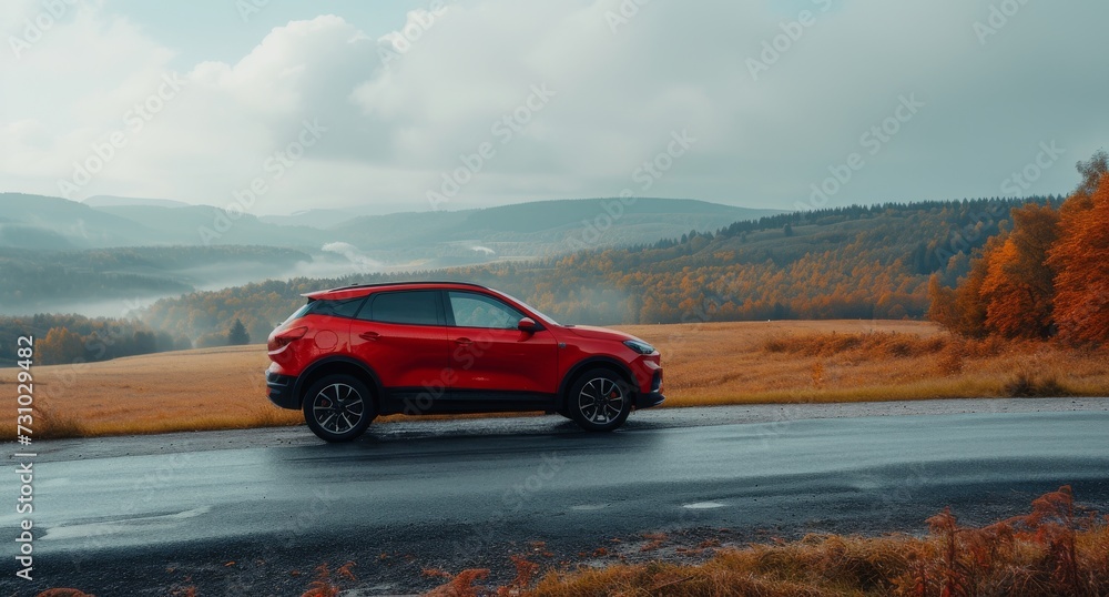 A modern red crossover stands on the road in a beautiful location, the ...