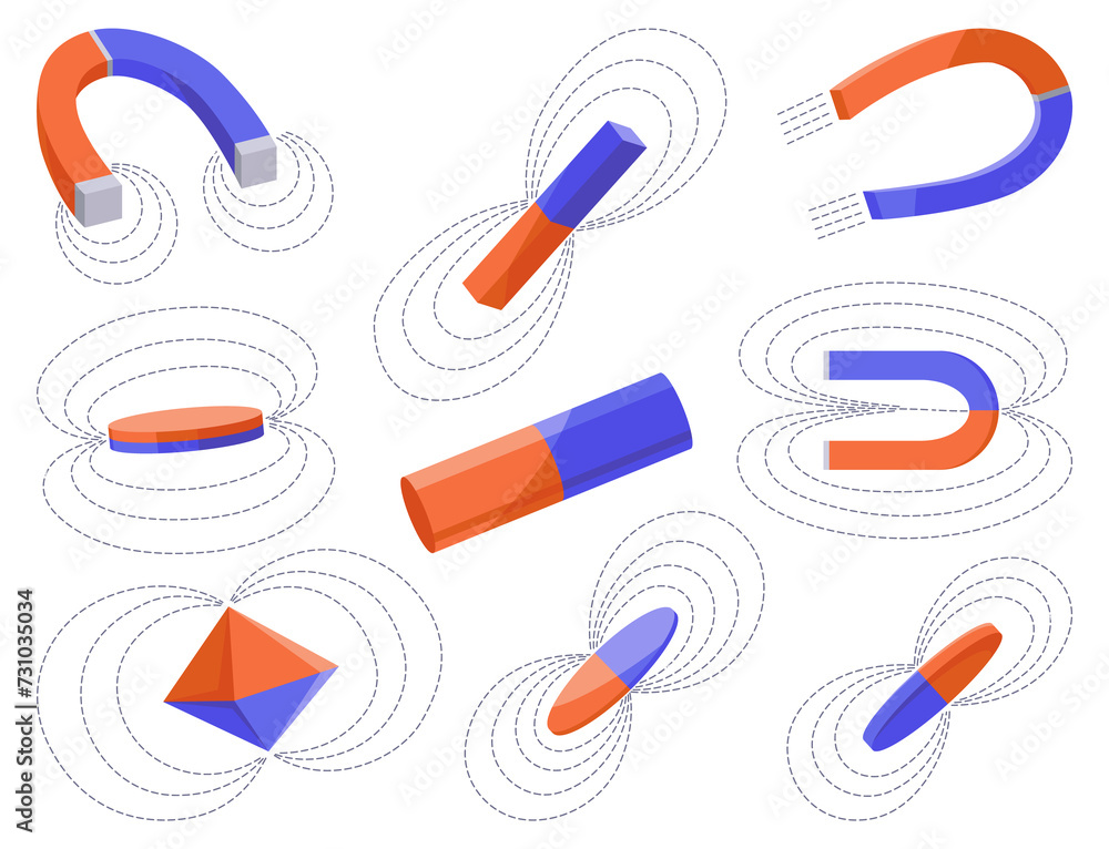 Magnetic force and electromagnetic field. Polar magnet schemes set ...