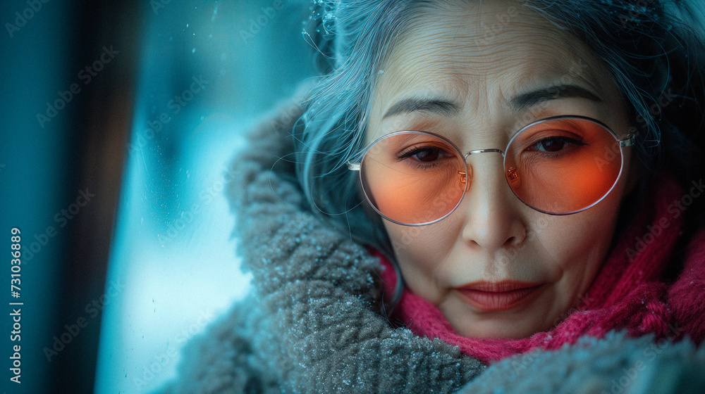 Portrait of a 60 year old Japanese woman with modern glasses in winter ...