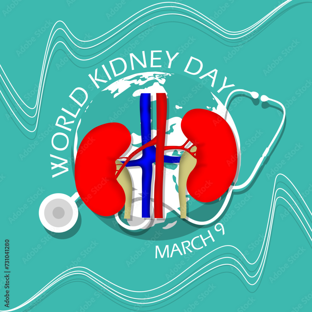 World Kidney Day event banner. Illustration of a kidney with earth and ...
