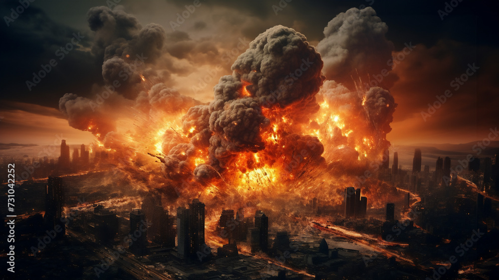 Aerial view of a modern city in ruins, with atomic bomb explosions and ...