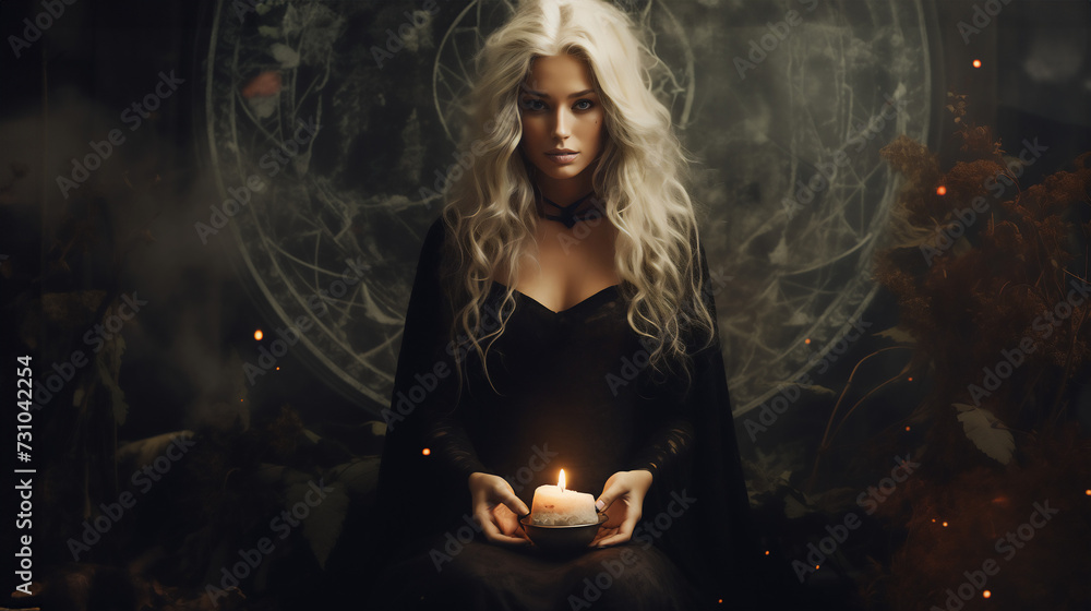 Witch lady with long light blonde hair, dressed in black, holding a ...