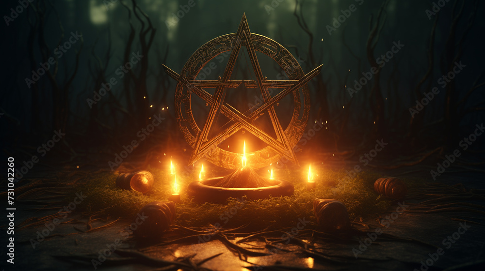 Symbol of the Satanic pentacle in a forest with candles, resembling an ...