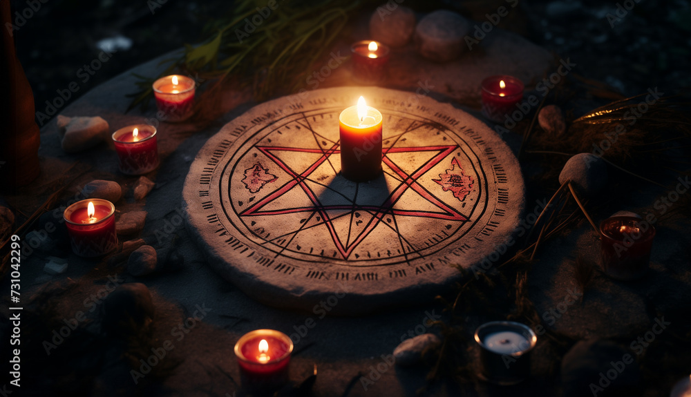 Ouija board with mystical occult symbols and a pentagram for a séance ...