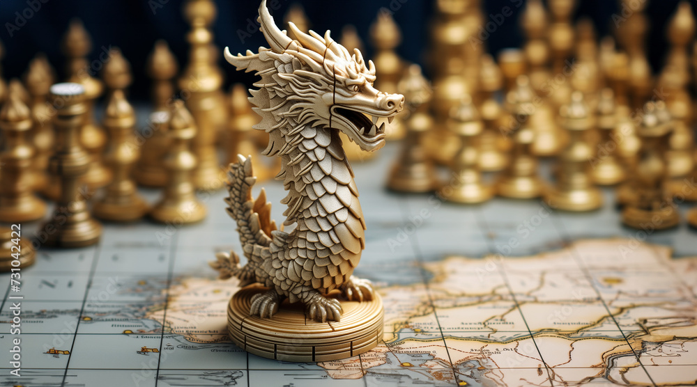 White ivory figure of a Chinese dragon on a map, with golden chess ...