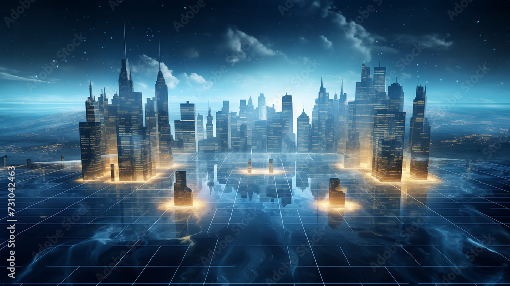 Virtual design of a futuristic city with holograms, on a reflective ...