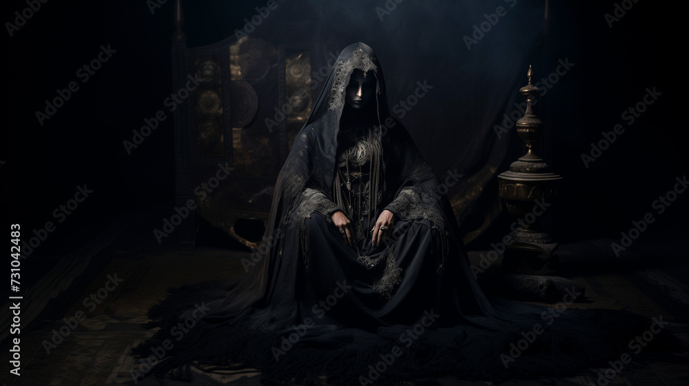 Vampire witch woman in the darkness of her lair in a mausoleum, adorned ...