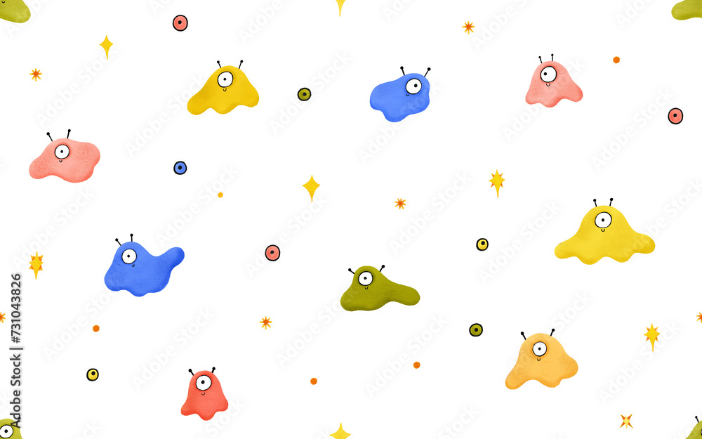Seamless pattern with space aliens. Children's funny slimes and colored ...