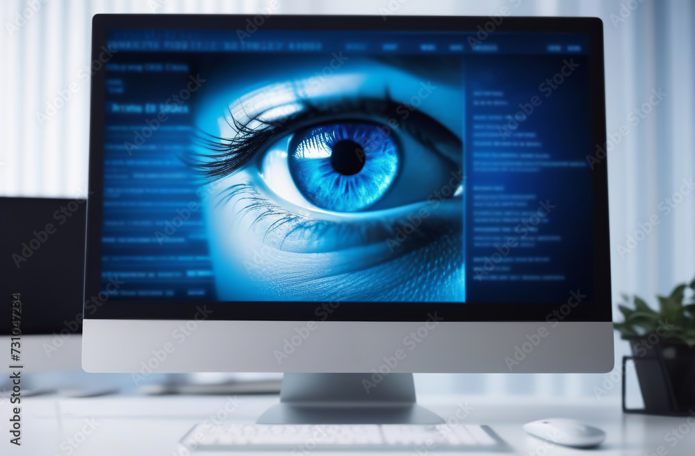 Computer Monitor with Blue Neon Eye on the Screen standing in the ...