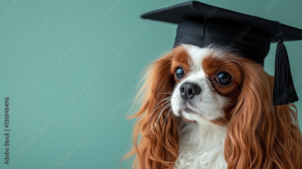 Funny dog wearing graduation cap and gown on solid pastel background ...