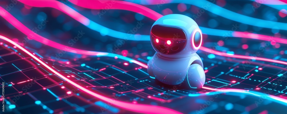 A 3D illustration depicts a chatbot icon set against a digital ...