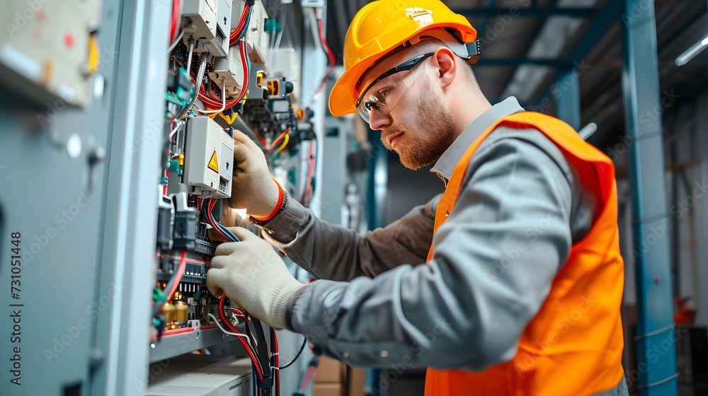 Electrician wearing safety uniform, eyeglasses and hard hats working in ...