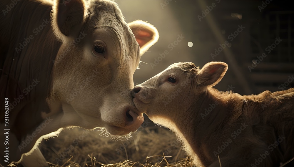Tender moment between cow and calf in warm light. intimate farm life ...