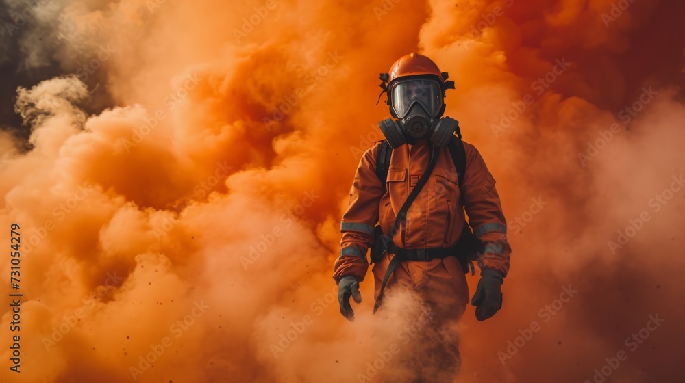Rescue man in firefighter uniform and oxygen mask walk through orange ...