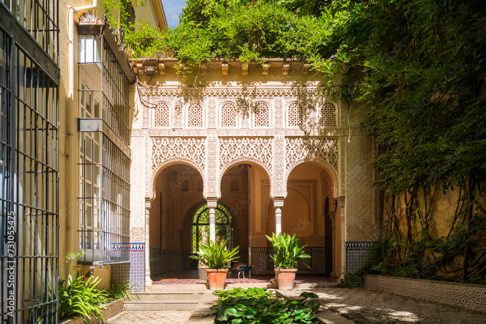 Beautiful moorish garden Ryad (Riad) with water feature, golden ...