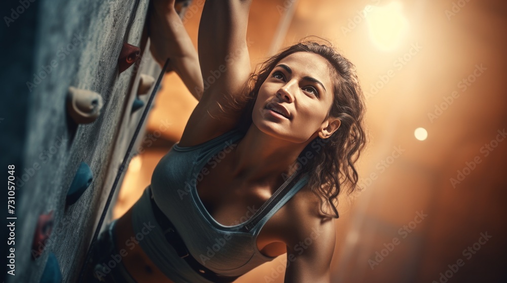 A fit young woman engages in an intense climbing session at an indoor ...
