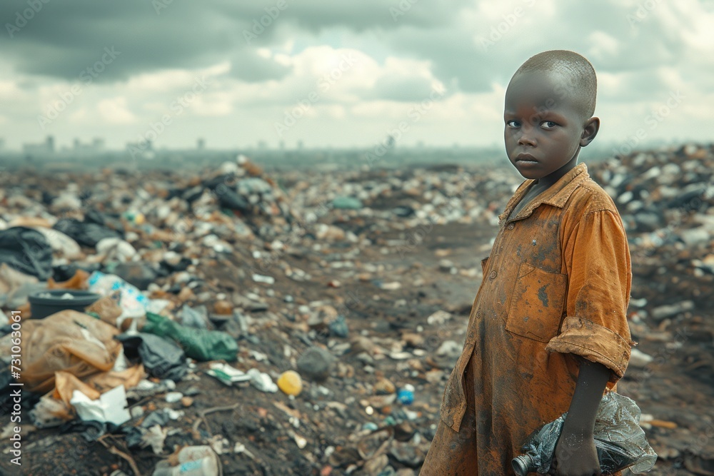Young african waste collector sitting tired on top of a pile of plastic ...