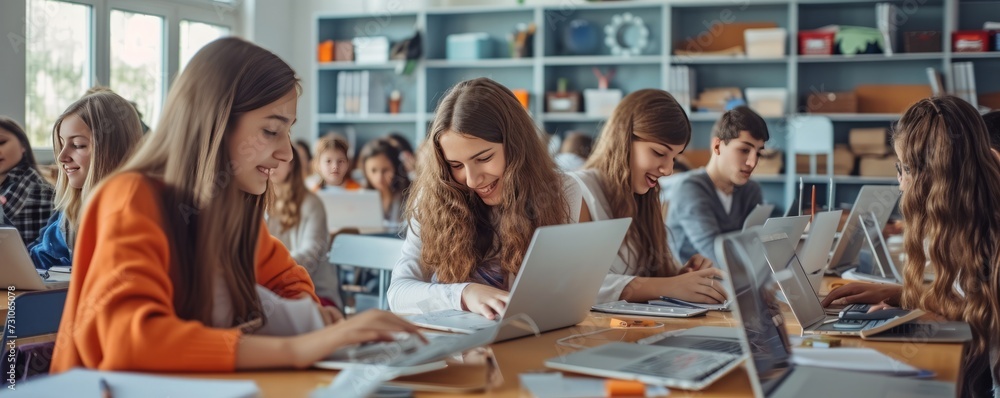High school students engage in e-learning using computers in the ...