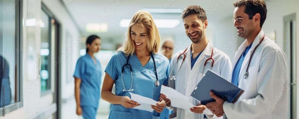 Hospital colleagues review medical records database, with a staff nurse ...