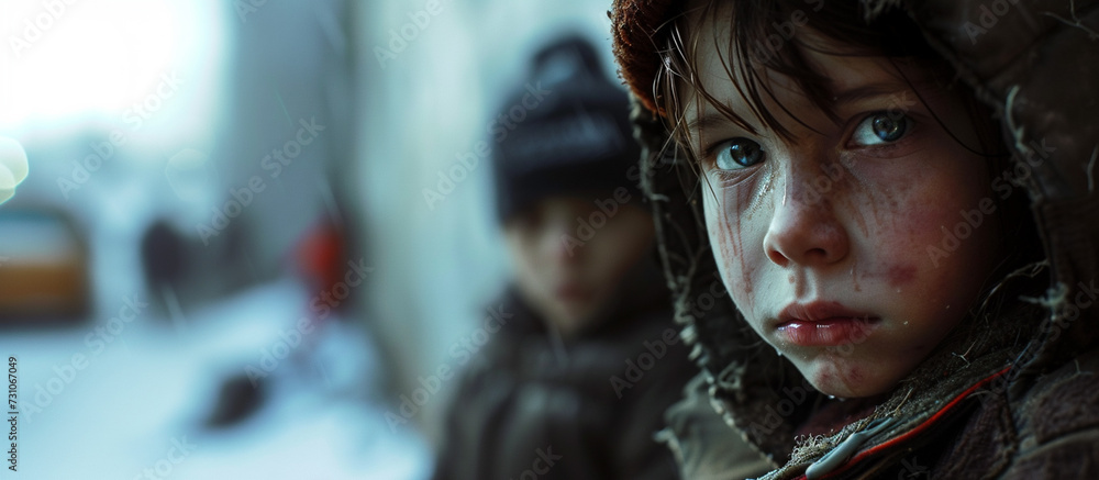 Bitterly cold winter, children living in poverty on the street standing ...
